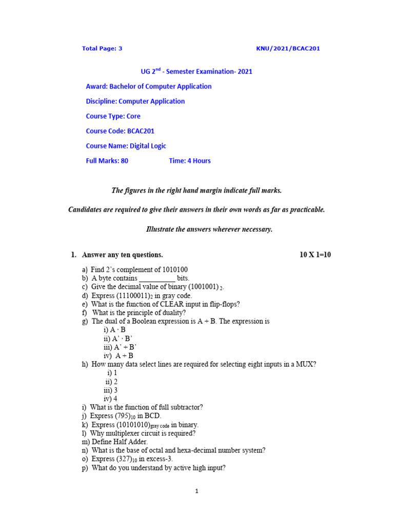 Digital Logic Exam Questions 2021 | PDF | Logic Gate | Boolean Algebra