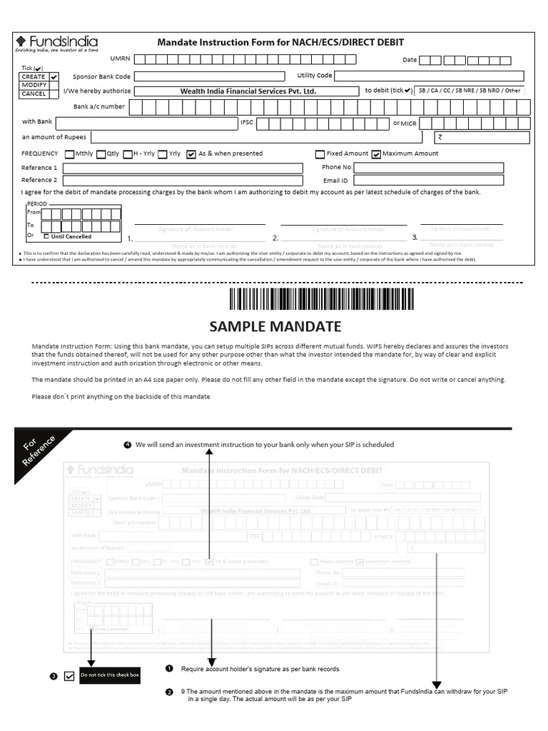 Sample Mandate: Mandate Instruction Form For NACH/ECS/DIRECT DEBIT | PDF | Banks | Debit Card
