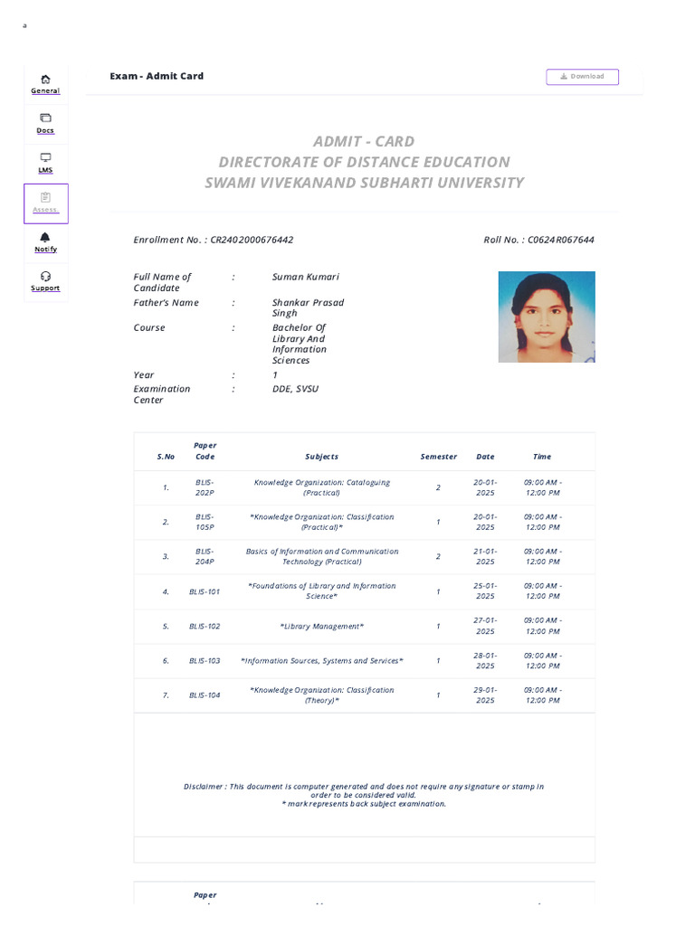 Exam - Admit Card - Swami Vivekanand Subharti University | PDF
