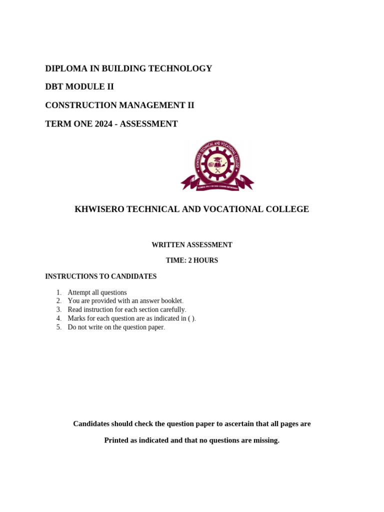 Construction Management Assessment 2024 | PDF