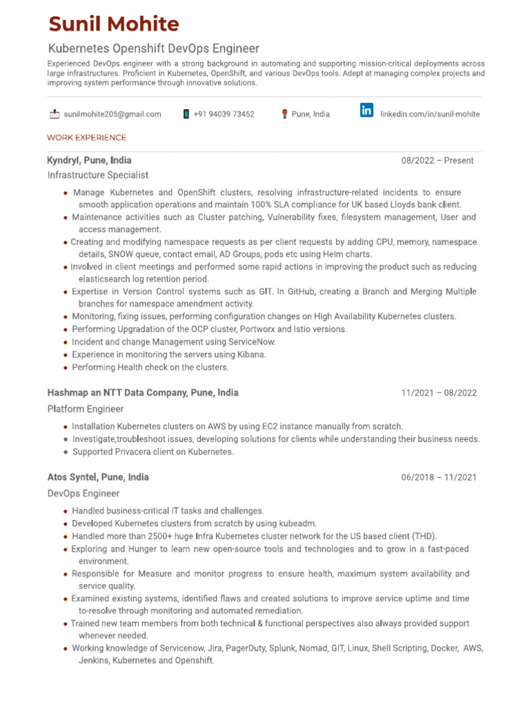 Sunil Kubernetes Openshift DevOps Engineer Resume | PDF
