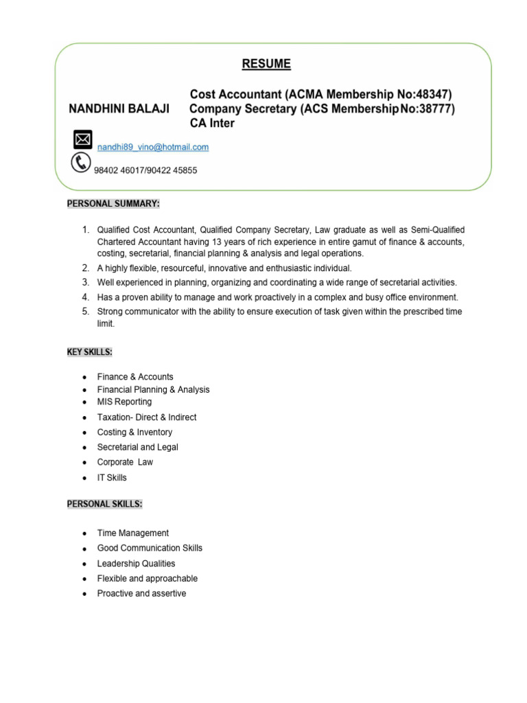 Nandhini Balaji - Resume Format | PDF | Inventory | Valuation (Finance)