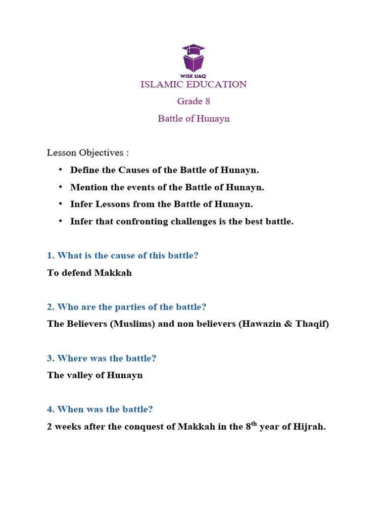 Grade 8 Islamic Studies: Hunayn Battle | PDF