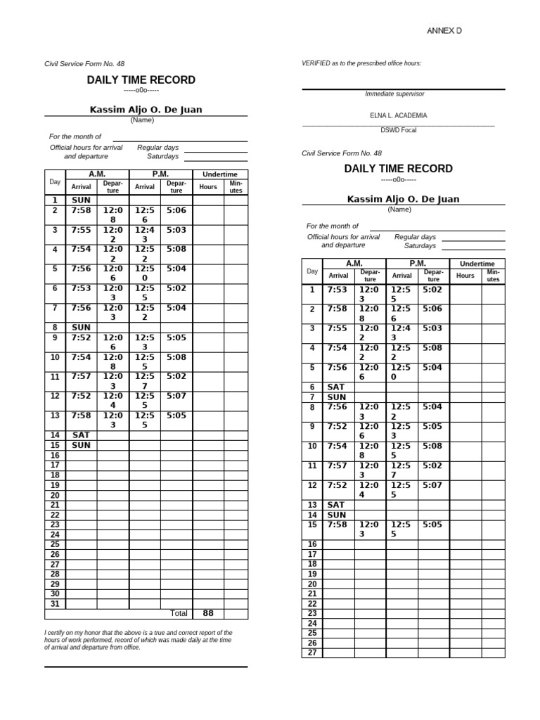 Daily Time Record for Civil Service | PDF