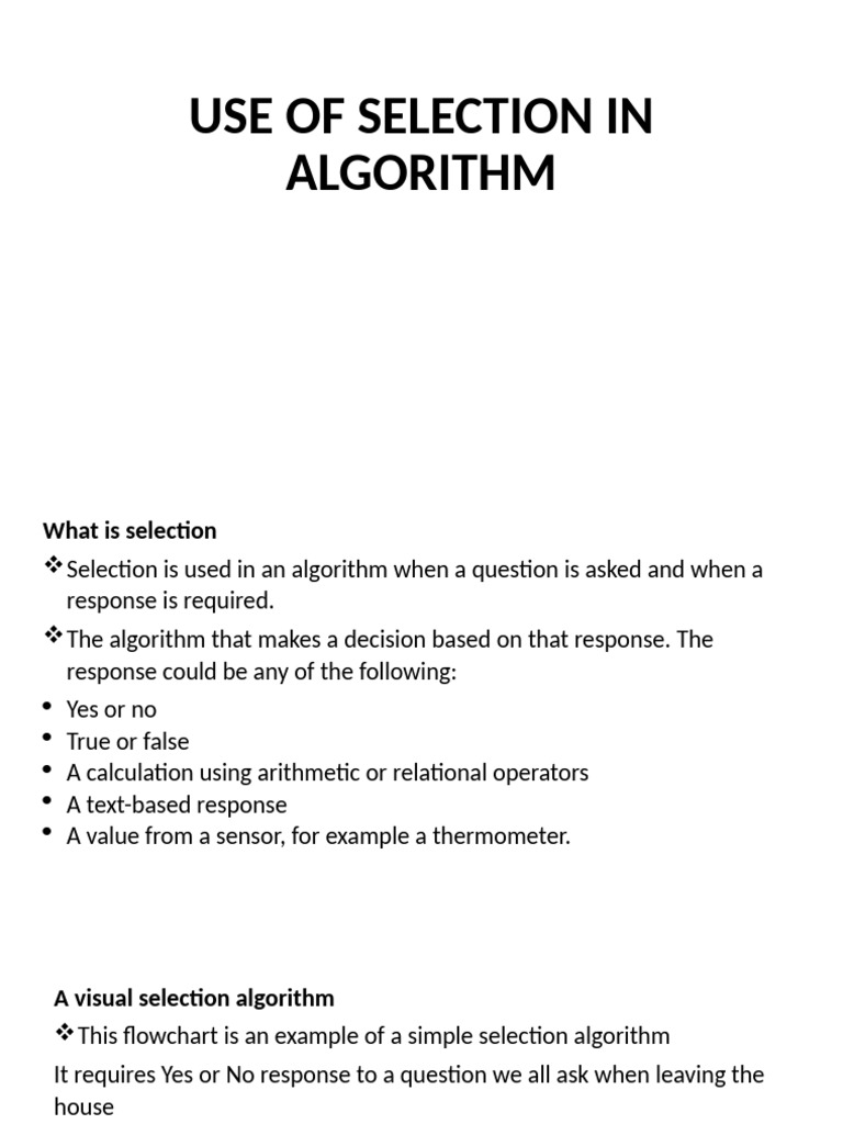 USE OF SELECTION IN ALGORITHM Year 8 | PDF