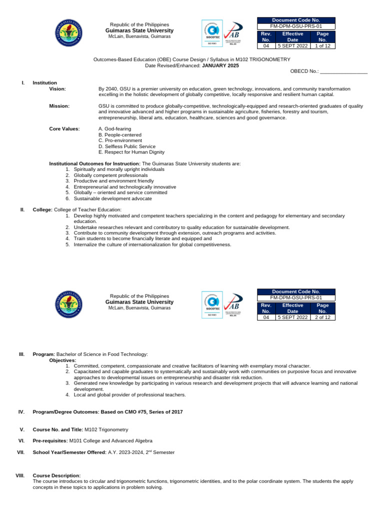 OBE Syllabus for M102 Trigonometry | PDF | Trigonometry | Function ...