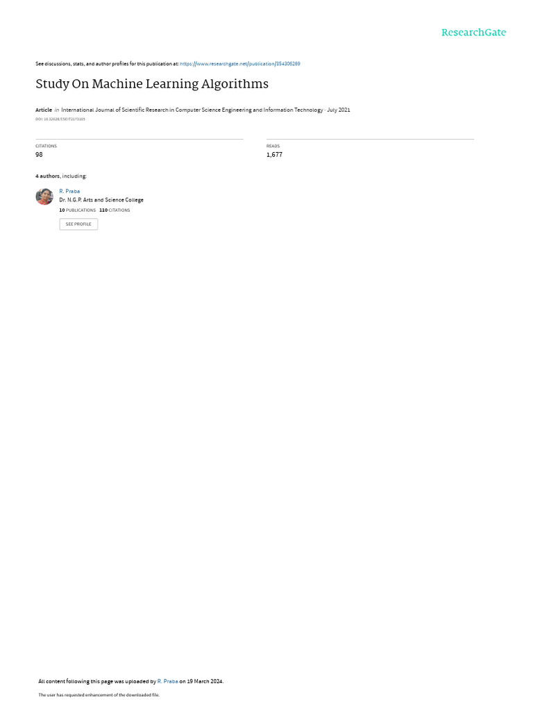 DR R Praba-StudyonMLAlgorithms | PDF | Machine Learning | Bayesian Network