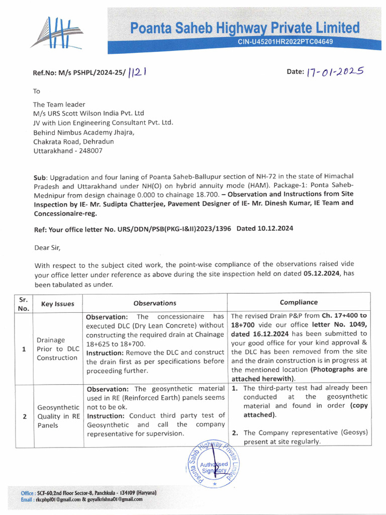 Letter No. 1121, Observation and Instructions From Site Inspection by ...