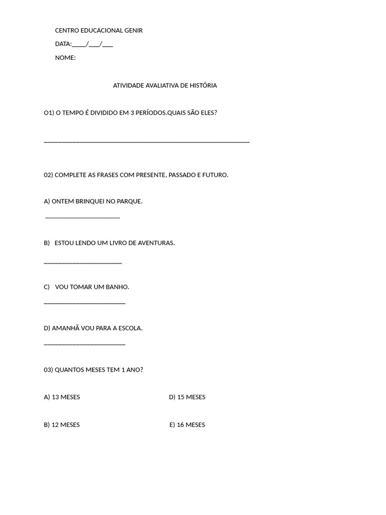 Prova de Hist Prof Ray 2 Bime | PDF