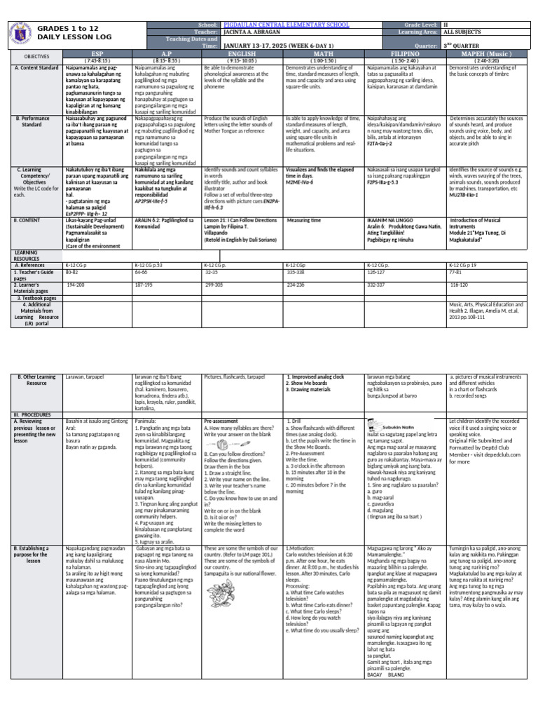 Dll All Subjects 2 q3 w6 d1 | PDF