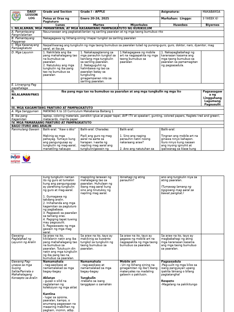 DLL Makabansa1 Q3 Week6 | PDF