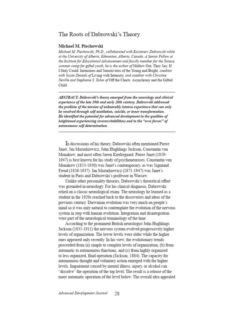 Piechowski 2014 The Roots of Dabrowskis Theory | PDF | Neurosis | Feeling