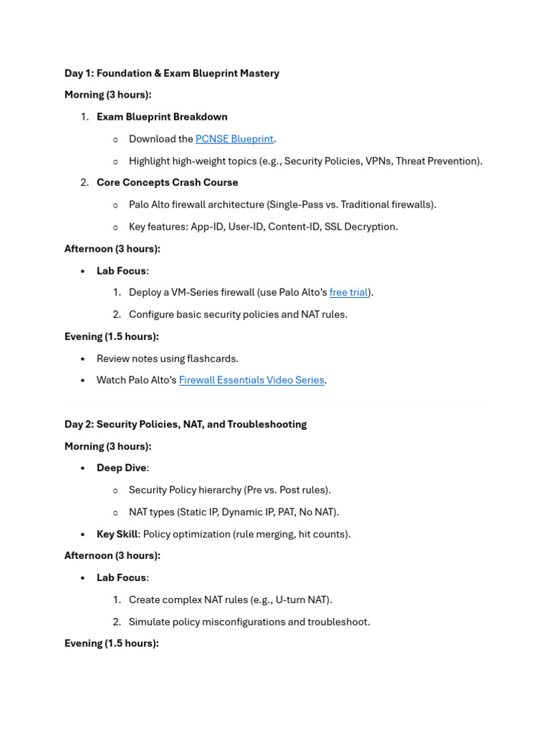 PCNSE Exam Prep: 7-Day Study Plan | PDF | Virtual Private Network | Firewall (Computing)