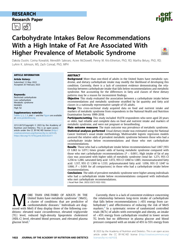 Carbohydrate Intakes Below Recommendations With A | PDF | Fat | Nutrients