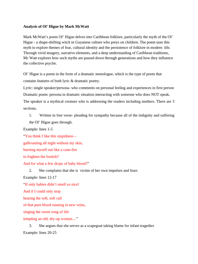 Analysis of Ol' Higue by Mark McWatt | PDF | Poetry