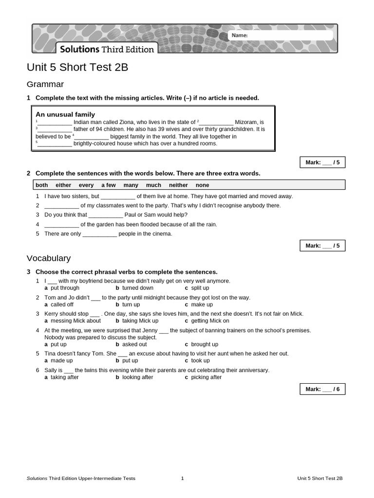 Sol3e Uppint U5 Short Test 2b | PDF | Linguistics | Grammar