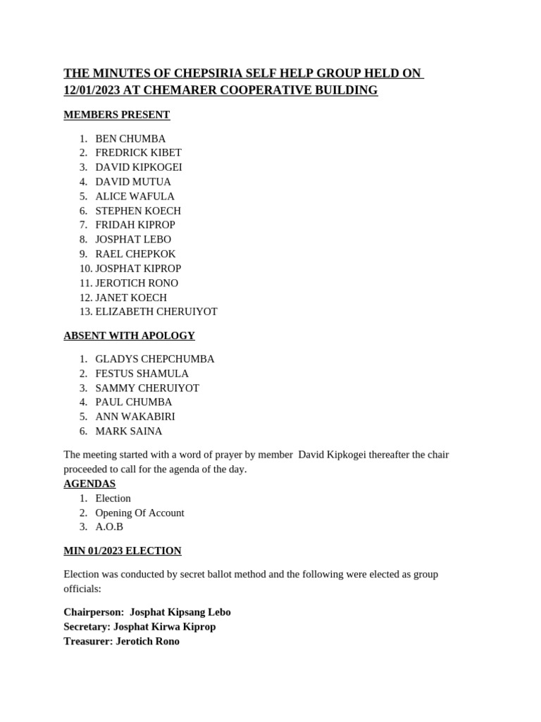 The Minutes of Chepsiria Self Help Group Held On 12 | PDF