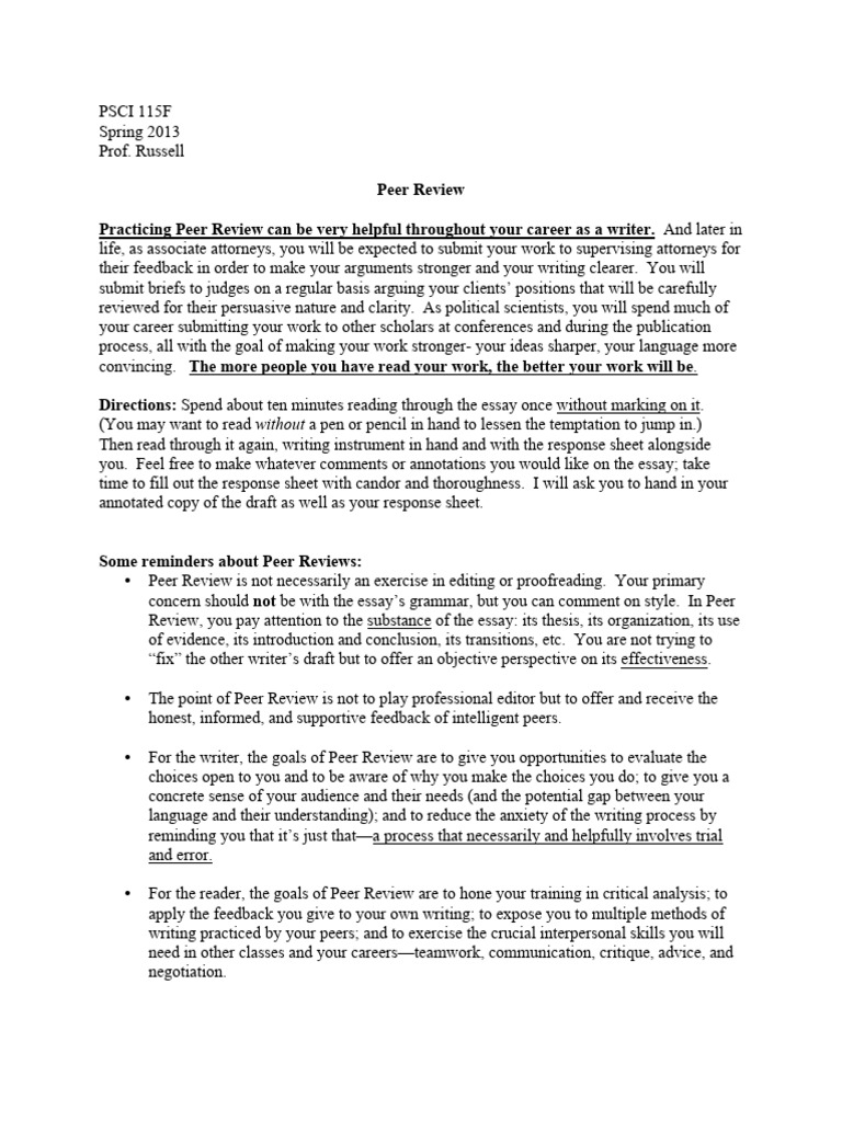 Peer Review With Response Sheet - Russell | PDF | Peer Review | Essays