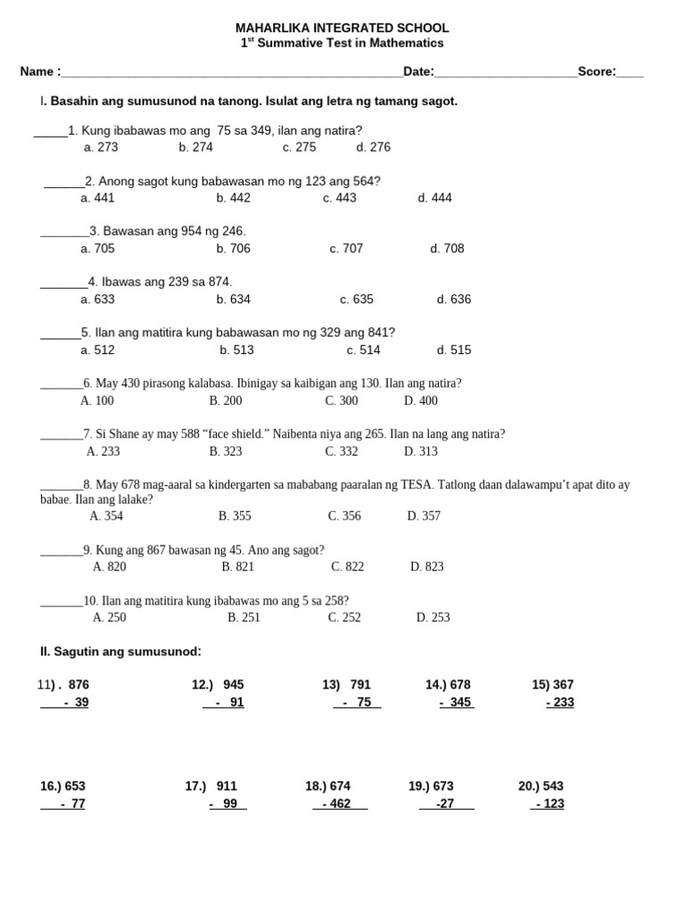 1ST Summative Test in Math (Q2) | PDF
