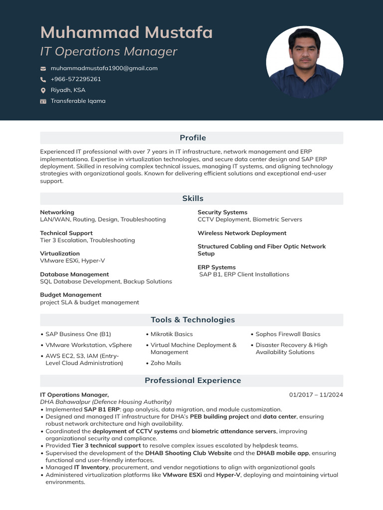 Muhammad Mustafa CV Final-1 | PDF | Computer Network | Enterprise Resource Planning