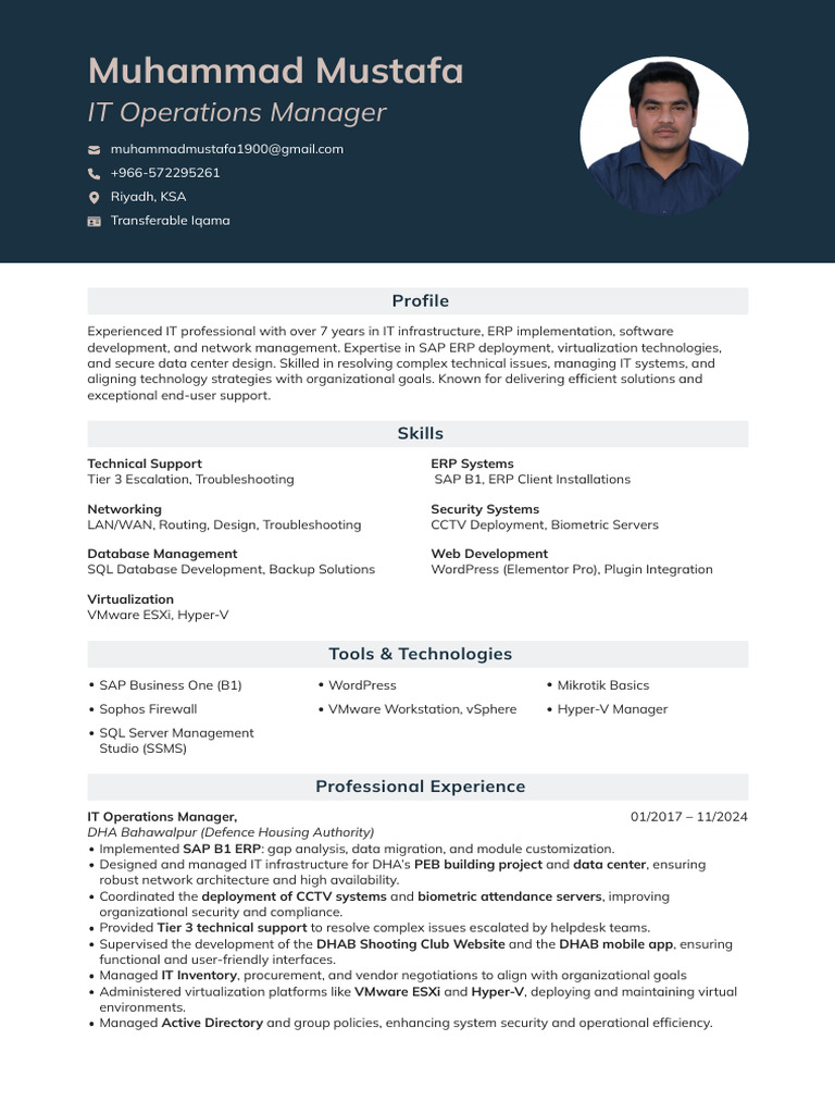 Muhammad Mustafa CV | PDF | Enterprise Resource Planning | Computer Network