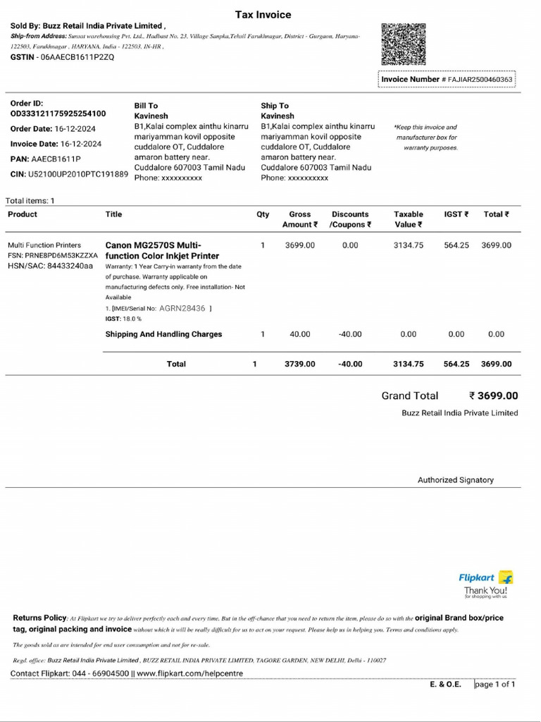 Canon Printer Bill | PDF