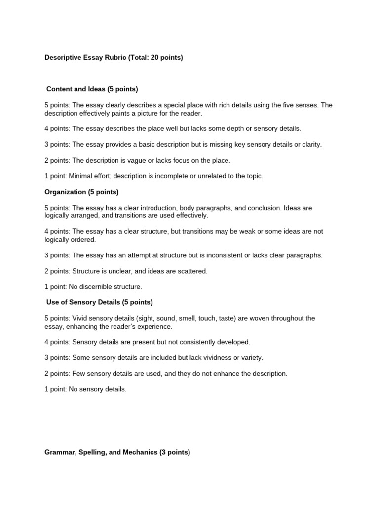 Rubric For Descriptive Essay | PDF