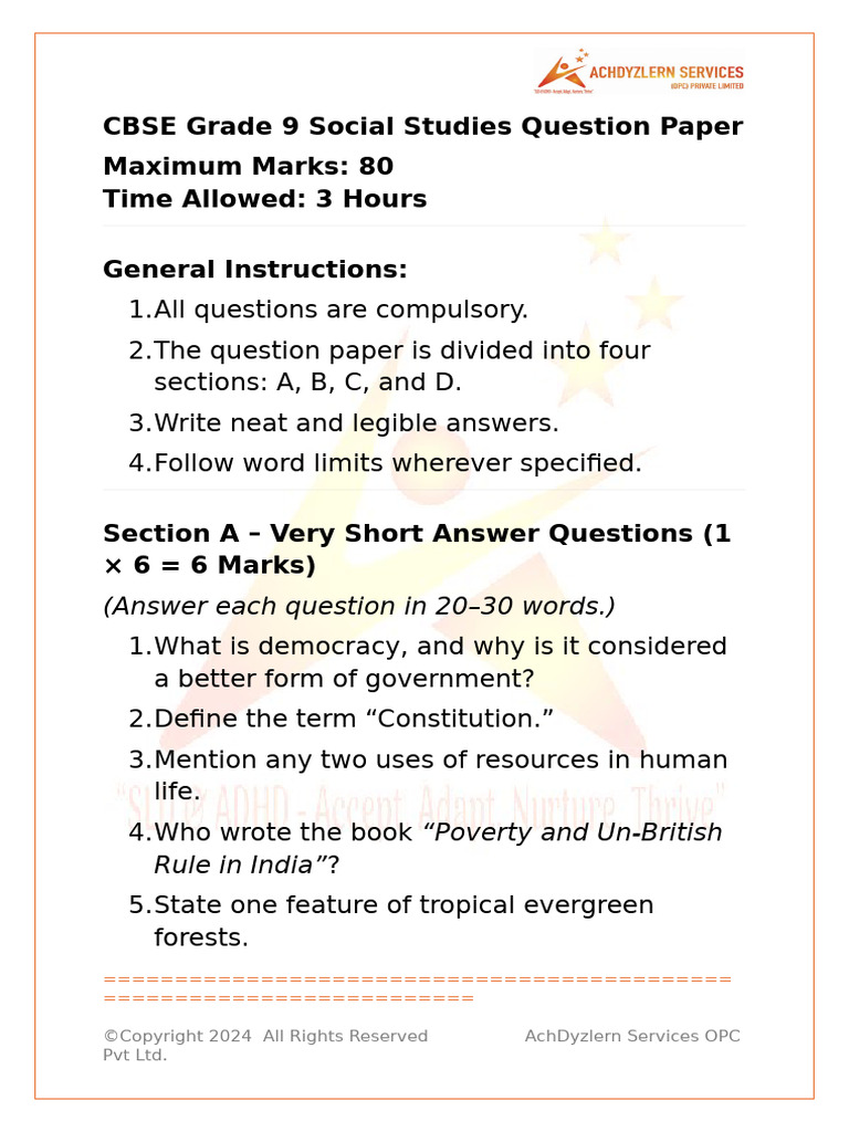 CBSE Grade 9 SST Sample Paper Set 1 | PDF | Soil | Natural Environment