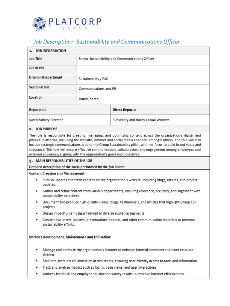 JD - Senior Sustainability and Communications Officer | PDF | Social Media | Popular Culture ...