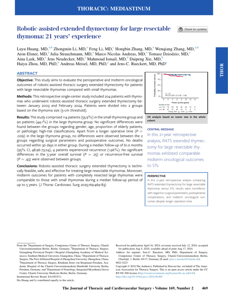 Robotic Assisted Thymectomy 21 Yrs Experiene | PDF