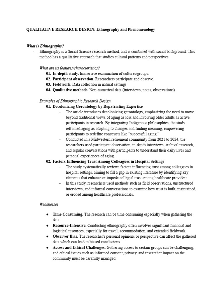 QUALITATIVE RESEARCH DESIGN_ Ethnography and Phenomenology | PDF | Ethnography | Experience