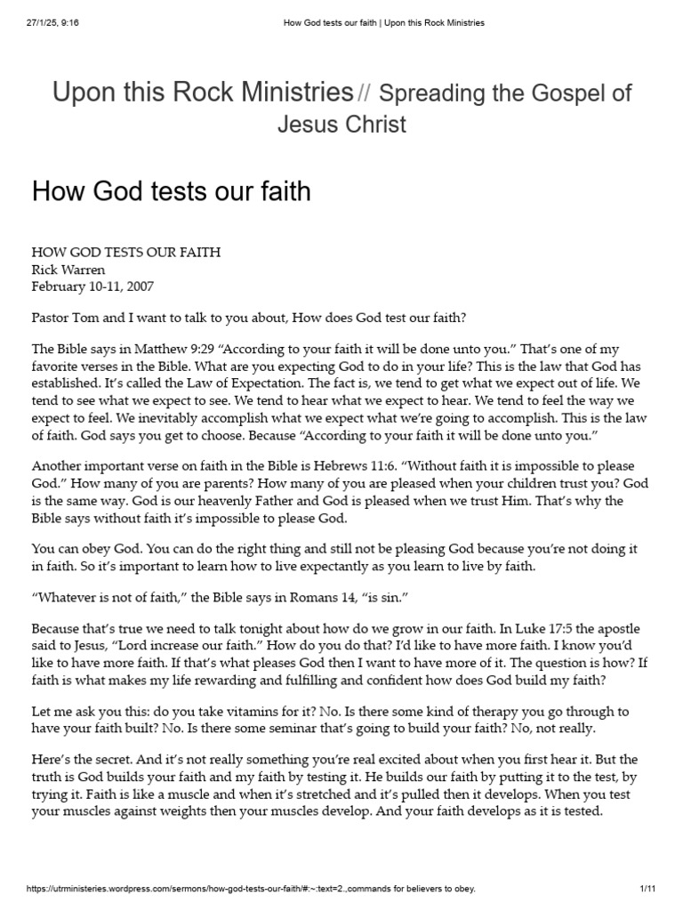 How God Tests Our Faith - Upon This Rock Ministries-1 | PDF | Faith | Jesus