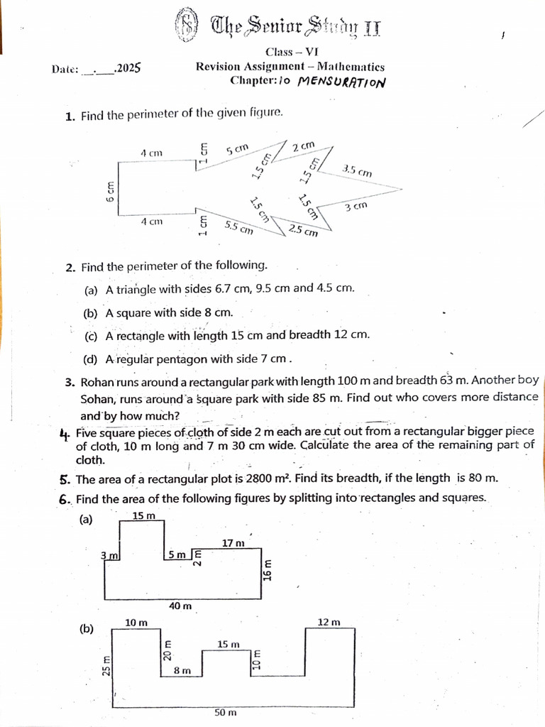 CH Mensuration, Rev Assignment | PDF | Area | Length