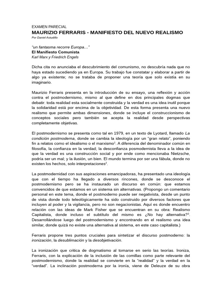 Ensayo de Ferraris - Manifiesto Del Nuevo Realismo | PDF | Realismo filosófico | Realidad