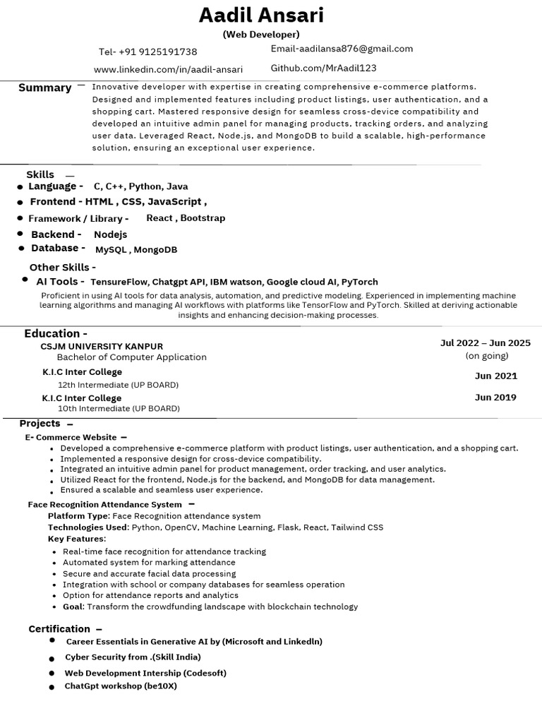 Aadil Resume.pdf | PDF | Artificial Intelligence | Intelligence (AI) & Semantics