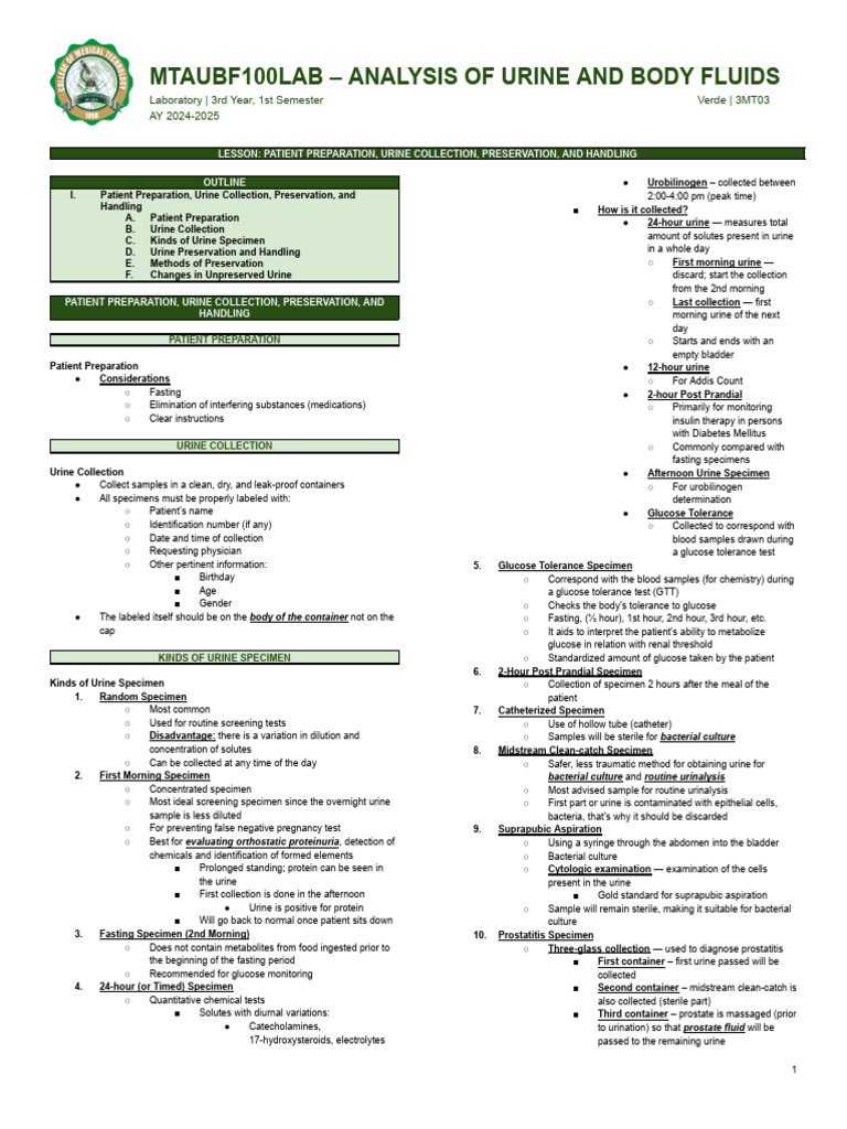 1 - Patient Preparation, Urine Collection, Preservation, and Handling ...