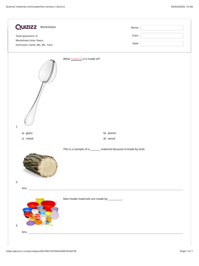 Science Materials Quiz Worksheet | PDF | Chemical Substances ...