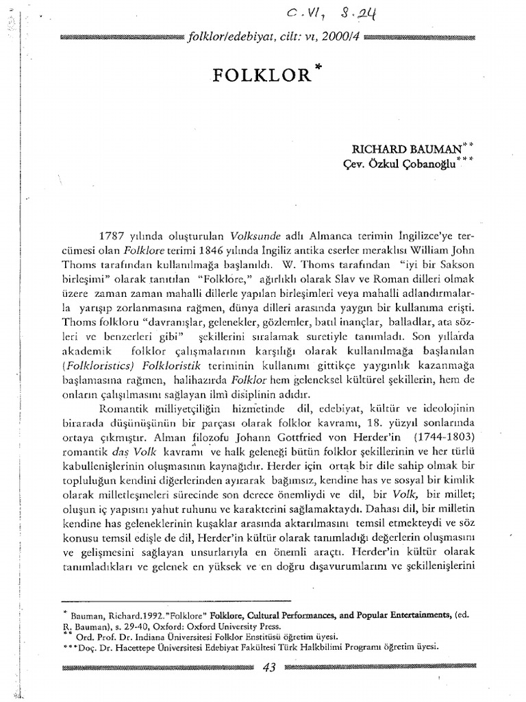 Richard Bauman - Folklor, Çev. Özkul Çobanoğlu - Folkloredebiyat, C. 6 ...
