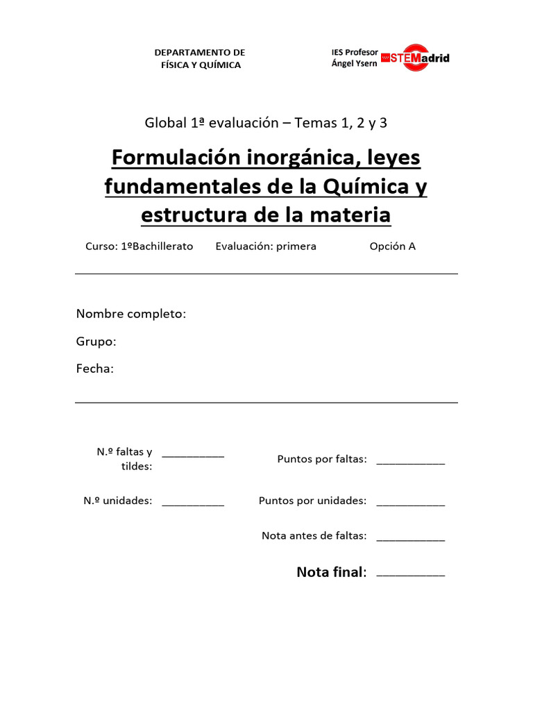 Global 1ºbach 1 Evaluación Temas 1, 2 y 3 - Formulación, Leyes Fundamentales de La Química y ...