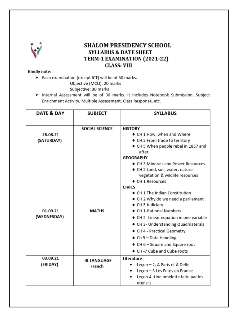 Grade 8 HALF YEARLY Datesheet and Syllabus | PDF