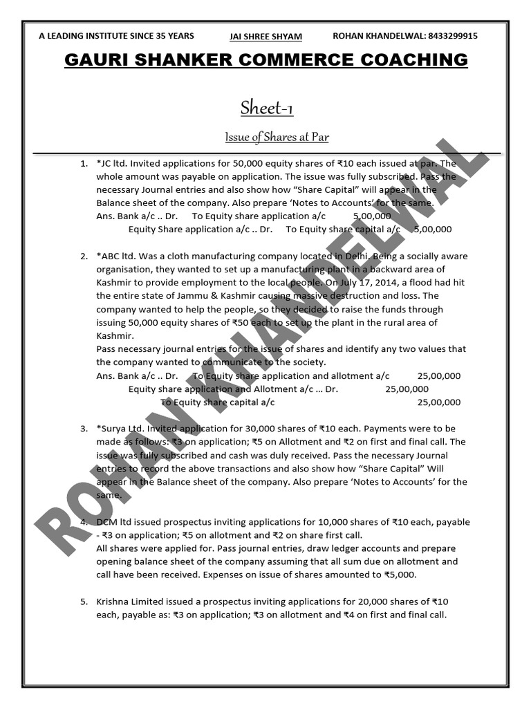Issue of Shares at Par at Premium | PDF | Balance Sheet | Equity (Finance)