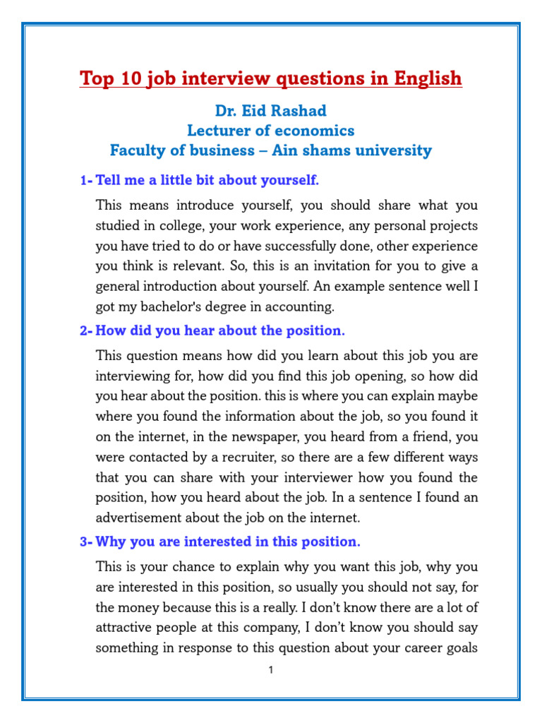 Top 10 Job Interview Questions in English | PDF | Mind | Experience