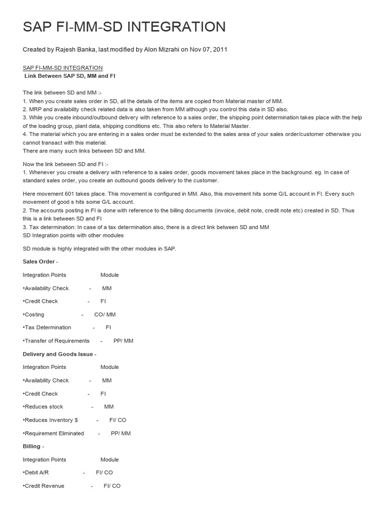 SAP FI-MM-SD INTEGRATION - ERP Operations | PDF | Business