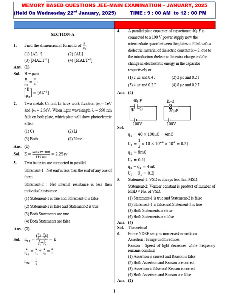 JAN 2025 SHIFT-1 | PDF | Capacitor | Electron