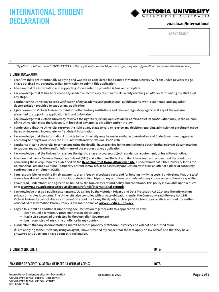 VU Melbourne Student Declaration Form | PDF | Privacy | Justice
