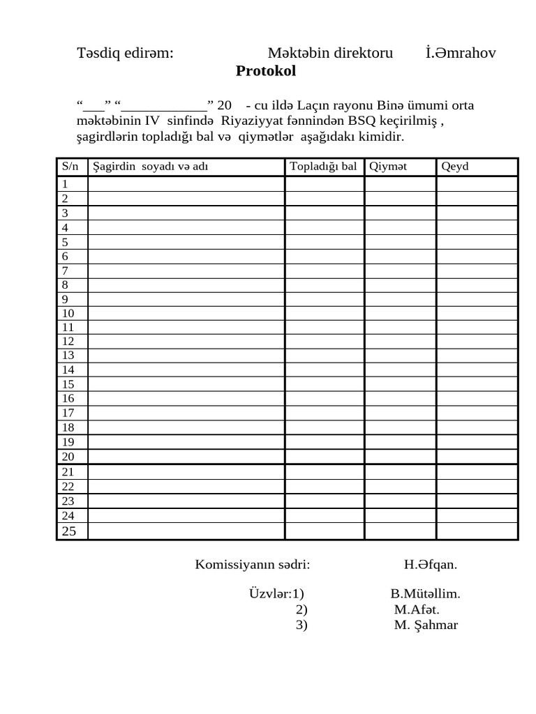 PROTOKOL BSQ-1 2023 (Mütəllim) | PDF