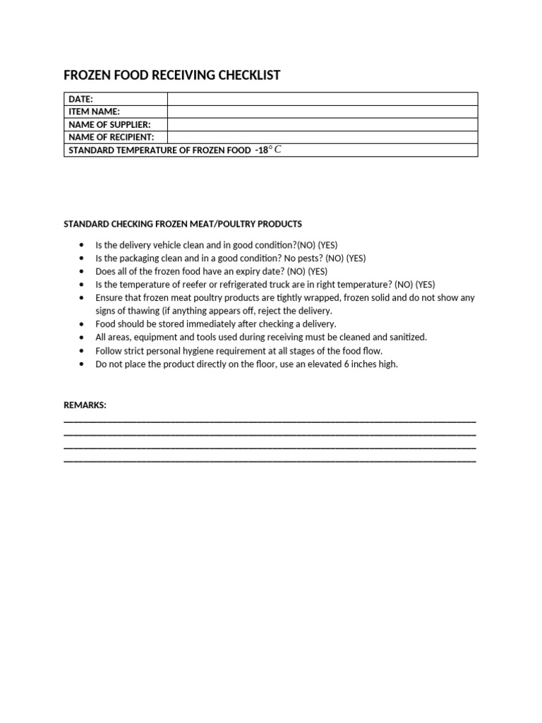 Frozen Food Receiving Checklist | PDF
