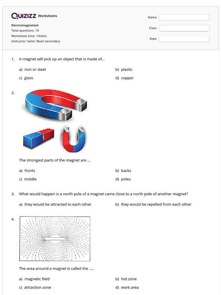 Electromagnetism Worksheets for Students | PDF | Magnetism | Magnetic Field
