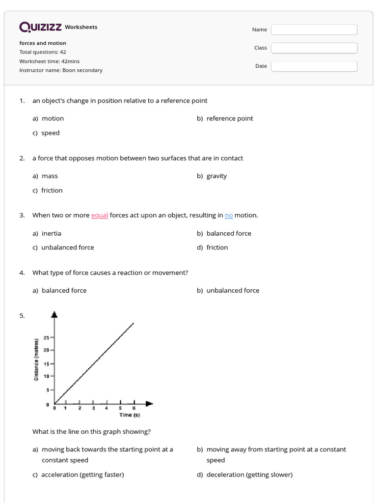 Forces and Motion Worksheet | PDF | Force | Acceleration