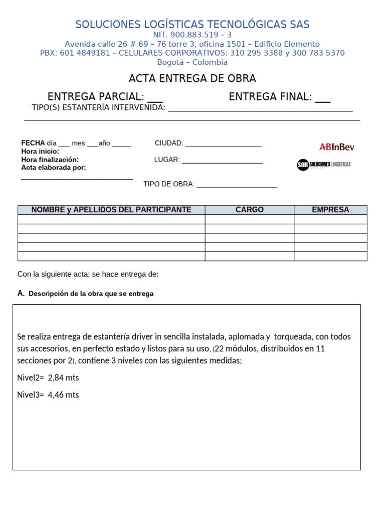 Formato Acta Entrega Parcial-Total Obra Soluciones | PDF